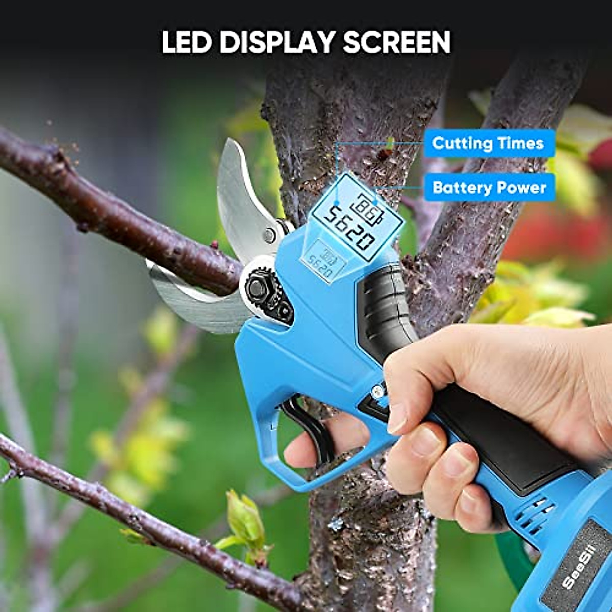 40mm Electric Pruning Shears, Seesii Cordless Tree Pruner Heavy Duty w/ 2.0Ah Rechargeable Battery & Replacement Blade,Power Display,6-8 Working Hours,Power Pruner for Branch Flowering Brushes