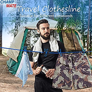 Champmate Portable Clothesline with 12 Clothespins Elastic Windproof Travel Stretchy Retractable Laundry Clothes Drying Line for Backyard Vacation Hotel Outdoor and Indoor Balcony (Black&Blue)