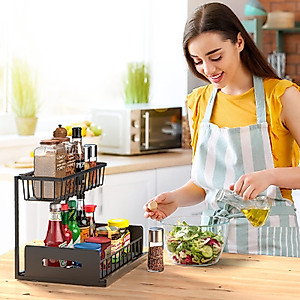 Tochek Under Sink Organizers and Storage, 2 Tier L-shaped Sliding Bathroom Organizer and Storage, Multi-purpose Pull Out Under Sink Organizer for Kitchen Bathroom, Black