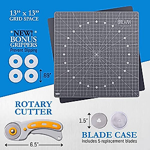 WA Portman Rotating Self Healing Cutting Mat And Rotary Cutter Set - Rotating Cutting Mat for Sewing & Quilting - 13x13 Inch Self Healing Cutting Mat Set - Rotary Cutter Mat - 5 Extra Blades