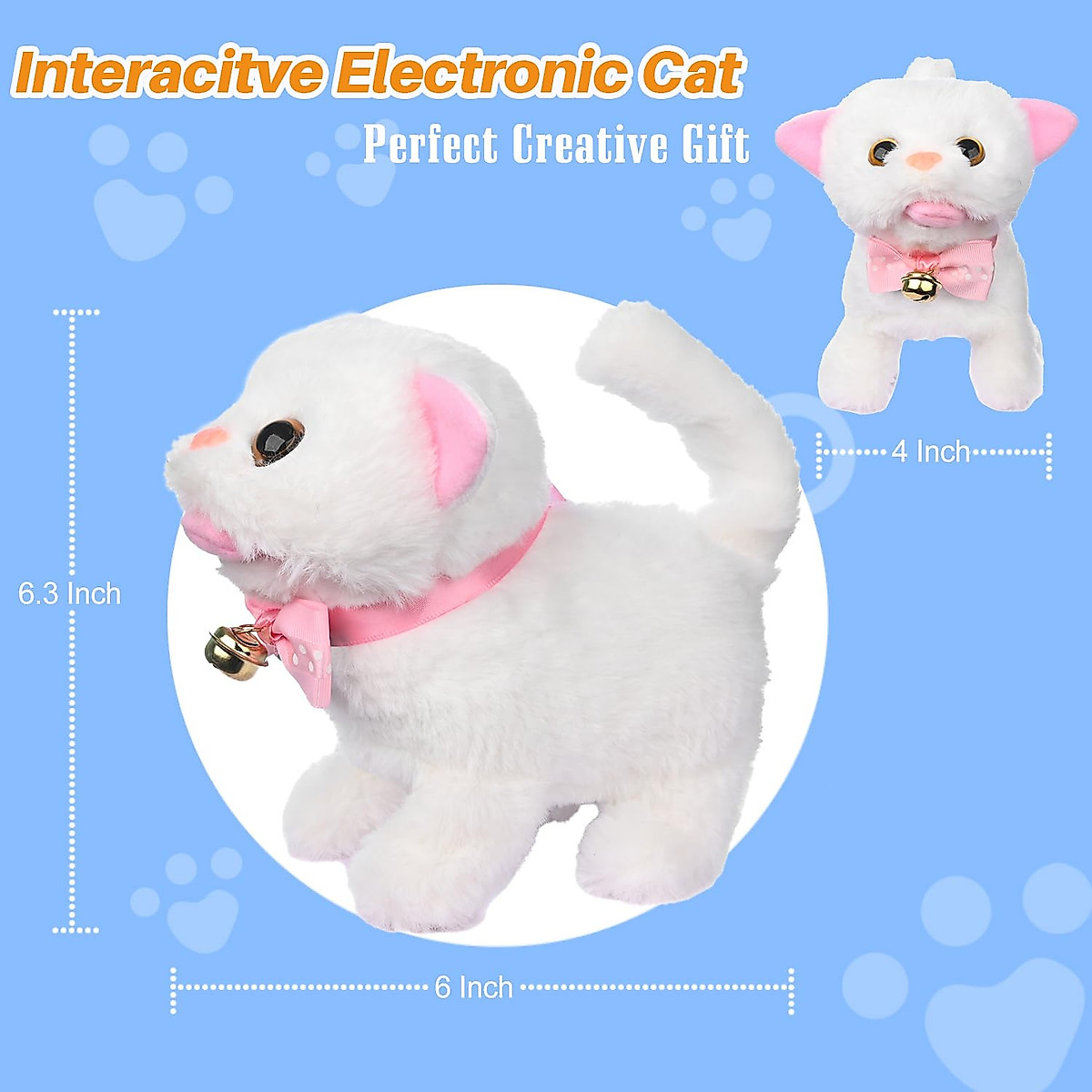WorWoder Plush Electronic Interactive Cats That Move and Meow Walking Lifelike Interactive Toy Robot Kitten Pet Cute Stuffed Kitten for Girls Kids (White)