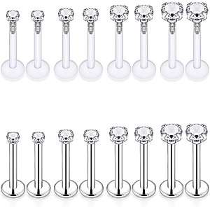 SCERRING 8 Pairs 16g Stainless Steel 2-3.5mm Clear CZ Internally Threaded Tragus Daith Cartilage Helix Earring Ring Body Piercing Jewelry 6mm - Silver