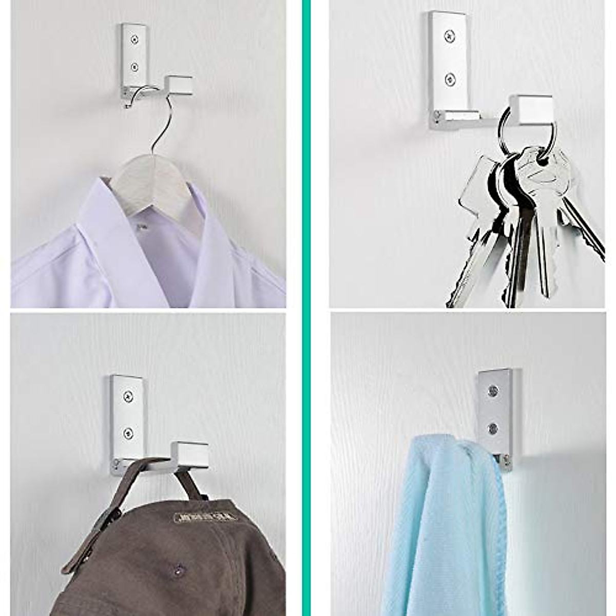 Latomex Folding Coat Hooks, Wall Hooks for Hanging Aluminum Alloy Cloth Hanger Coat Hanger Headphones Holder Headset Wall Hanger Hook- Pack of 4 (Silver)