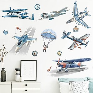 Wajade Airplane Wall Stickers for Boys,Watercolor Airplanes Parachute Astronaut Wall Art Decals Peel and Stick Wall Stickers for Kids Bedroom Nursery Playroom Decor