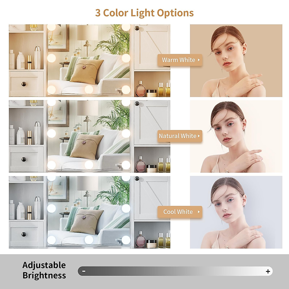 VOWNER Vanity with Lighted Mirror - Farmhouse Makeup Vanity Desk with 7 Drawers, 2 Cabinets and Outlet, 3 Color Lighting Modes Adjustable Brightness, Vanity Table with Stool for Bedroom, White & Black