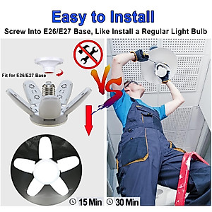 2Pack LED Garage Light Bulb, Mini 60W LED Garage Ceiling Lights 5 Adjustable Panels,6000Lumen Garage LED Light Bulb,E26 6500K Daylight LED Shop Lights for Garage,Kitchen,Indoor,Living Room,Attic Light