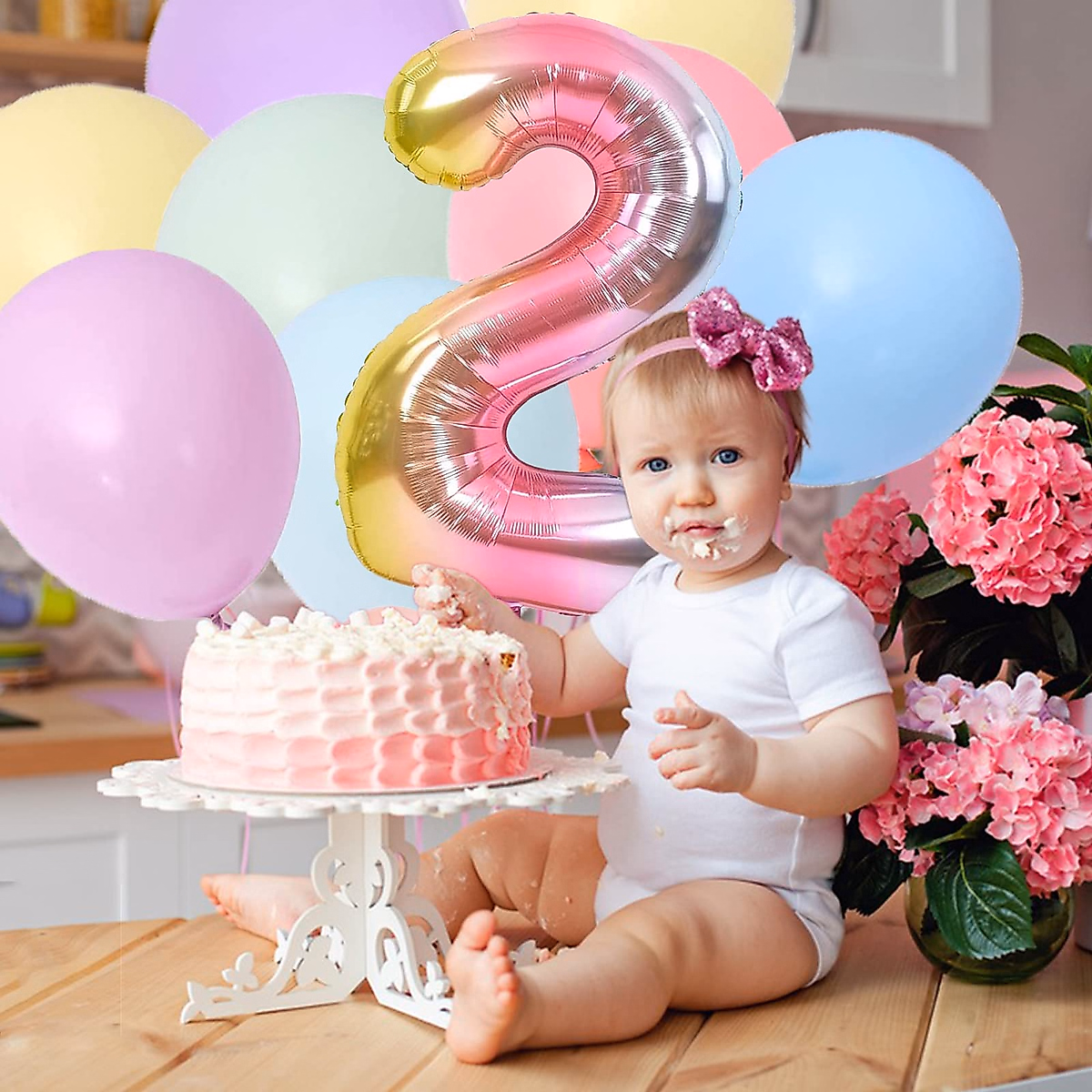 BRT Bearingshui 2th Birthday Decorations, 40 Inch Rainbow Gradient Number 2 Balloon, 2th Birthday Balloon, Happy Birthday Banner, Children’s 2th Birthday Party Supplies for Kids