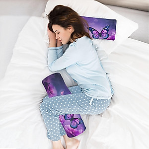 xigua Purple Butterfly Neck Roll Pillow for Neck Relief with Removable Washable Cover - Memory Foam Round Cylinder Bolster, Ergonomically Designed for Head, Neck, Back, and Legs