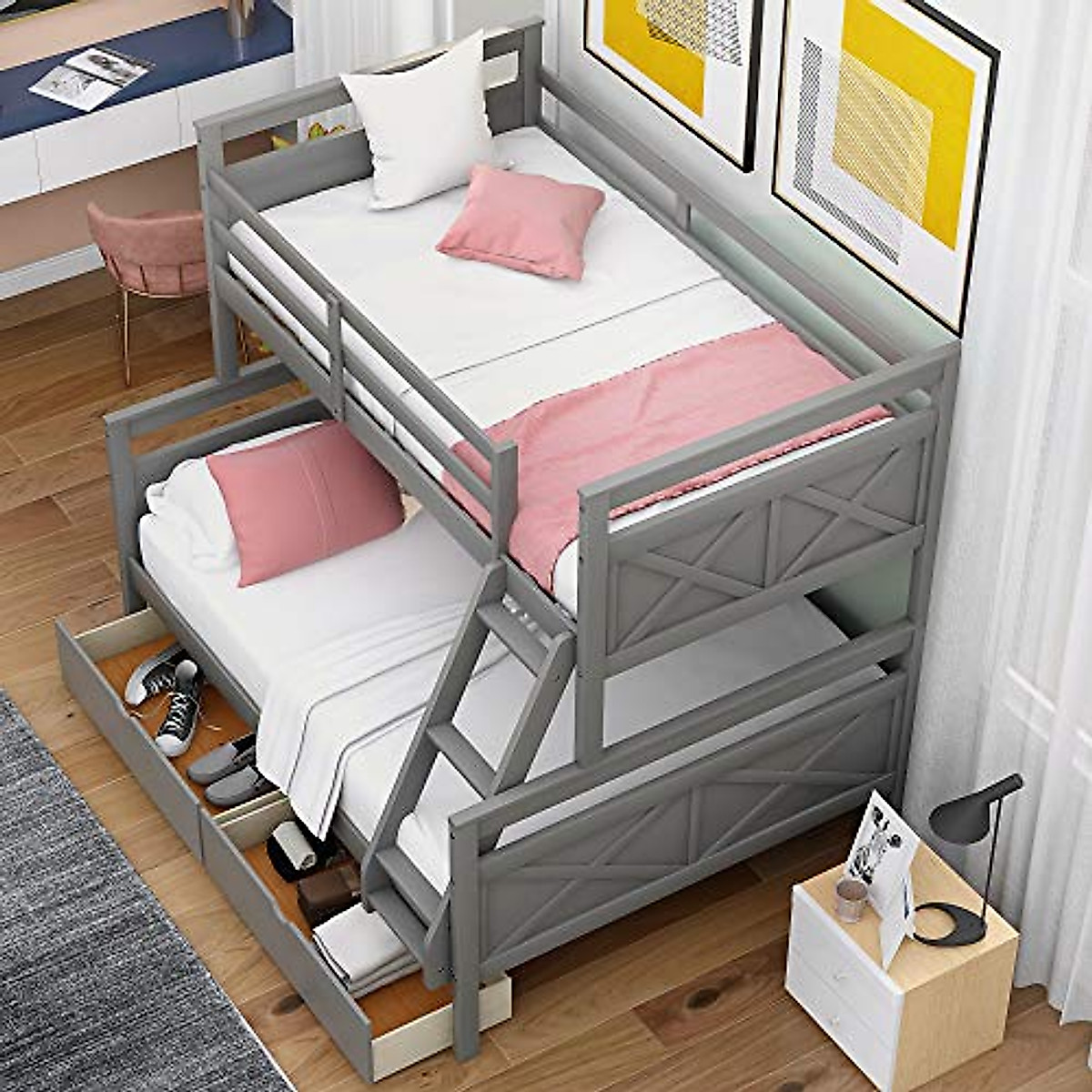 DEYOBED Twin Over Full Wooden Bunk Bed Convertible into 2 Beds with Storage Drawers - Ideal for Kids, Teens, and Adults - Space-Saving and Stylish Bedroom Solution