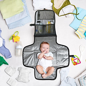 Enovoe Portable Diaper Changing Pad for Baby - Convenient, Durable, Waterproof Travel Changing Mat with Built-in Head Pillow for Your Infant - Grey Leaf Design