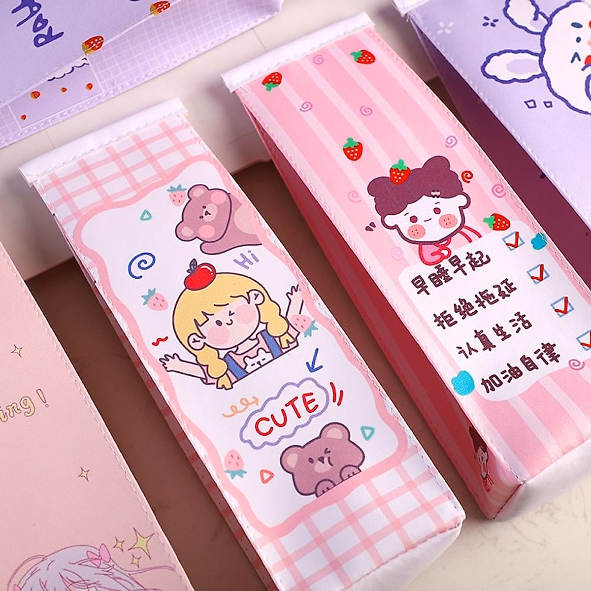 JHTPSLR Kawaii Milk Box Pen Pouch Women Cute Kawaii Pencil Case Pencil Pouch PU Waterproof Stationery Storage and Organization Bags Aesthetic Office Supplies (Strawberry Bear)