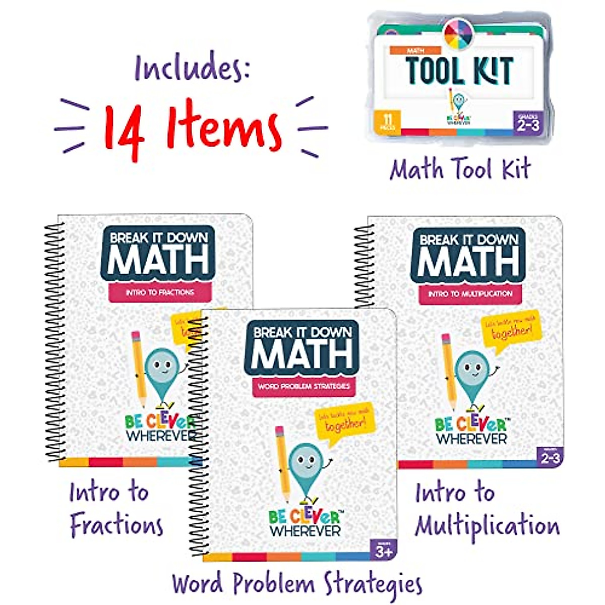 Be Clever Wherever Grade 3 Math Kit, 2nd & 3rd Grade Math Tool Kit, Word Problem Strategies, Intro To Multiplication, and Intro to Fractions Math Reference Books (14 Pc)