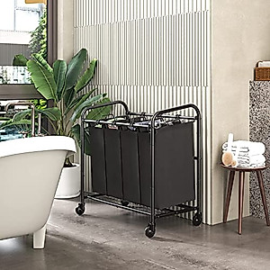 Wisdom Star 4 Bag Laundry Sorter Cart, Laundry Hamper Sorter with Heavy Duty Rolling Wheels and Removable Bags for Clothes Storage,Laundry Organizer Laundry Basket Laundry Clothes Hamper, Black