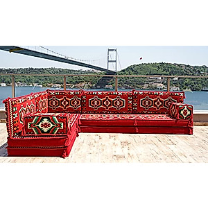 Red L Shaped Sectional Sofa, Terrace Arabic Sofa, Floor Cushions, Arabic Majlis, Poufs, Turkish Floor Seating Set, Sofa Covers, Sofa Bed (L Sofa Only)