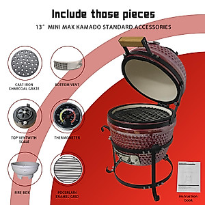 AUPLEX 13" Kamado Charcoal Grill, Ceramic BBQ Charcoal Grill, Mini Portable Clay Smoker Oven Barbecue Grill for Backyard, Balcony- Shiny Red