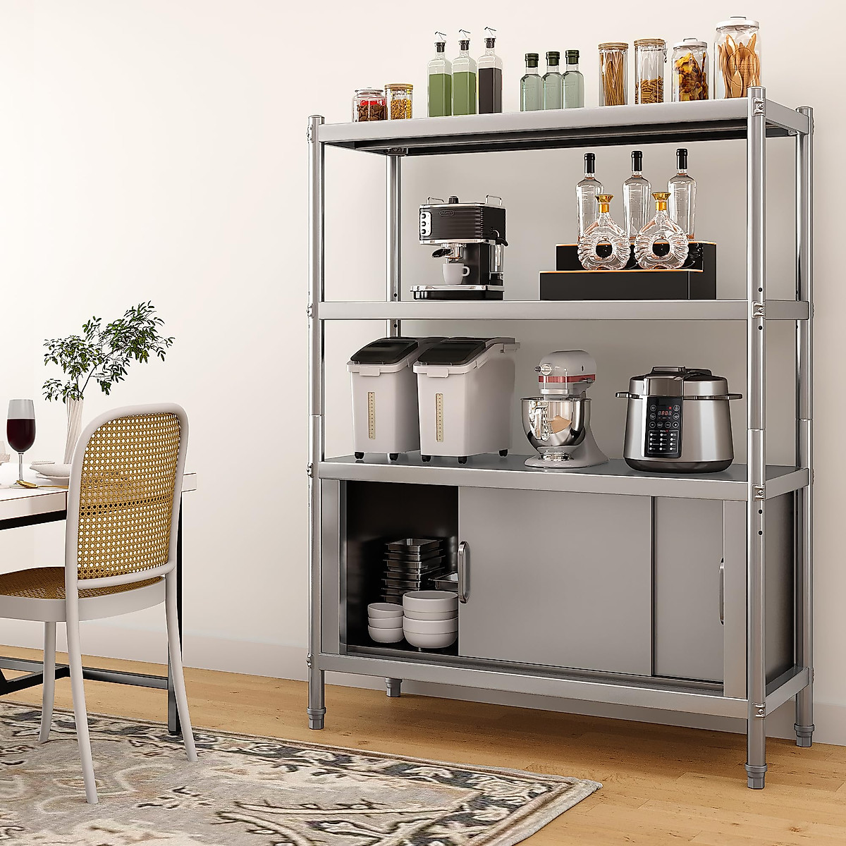 YITAHOME NSF Stainless Steel Shelves, 48"*18"*60" 4 Tier Storage Shelf with Cabinet, Heavy Duty Shelving for Kitchen Garage Office Restaurant Warehouse, 201 Bright Silver