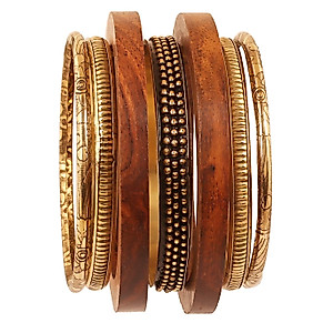 Touchstone wooden women bamboo wood jewelry african bangle bracelets gold bangles brown boho accessories chunky vacation brass statement natural rustic Indian bollywood handcrafted. Set of 7