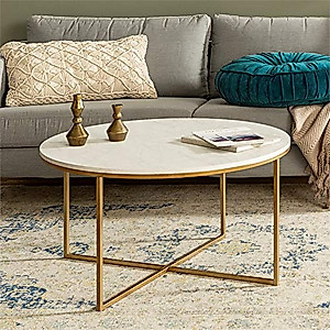 Walker Edison Modern Glam Round Accent Faux White Marble Coffee Table with Gold X-Base, 36 Inch