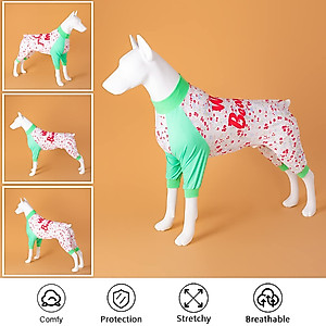 LovinPet Dog Pjs Large, UV & Post Operative Protection, 4 Legged High Collar Dog Onesies, Lightweight Stretchable Floral Print White, Red Prints Large Dog Pajamas as Base Shirt for Dog Dresses XL