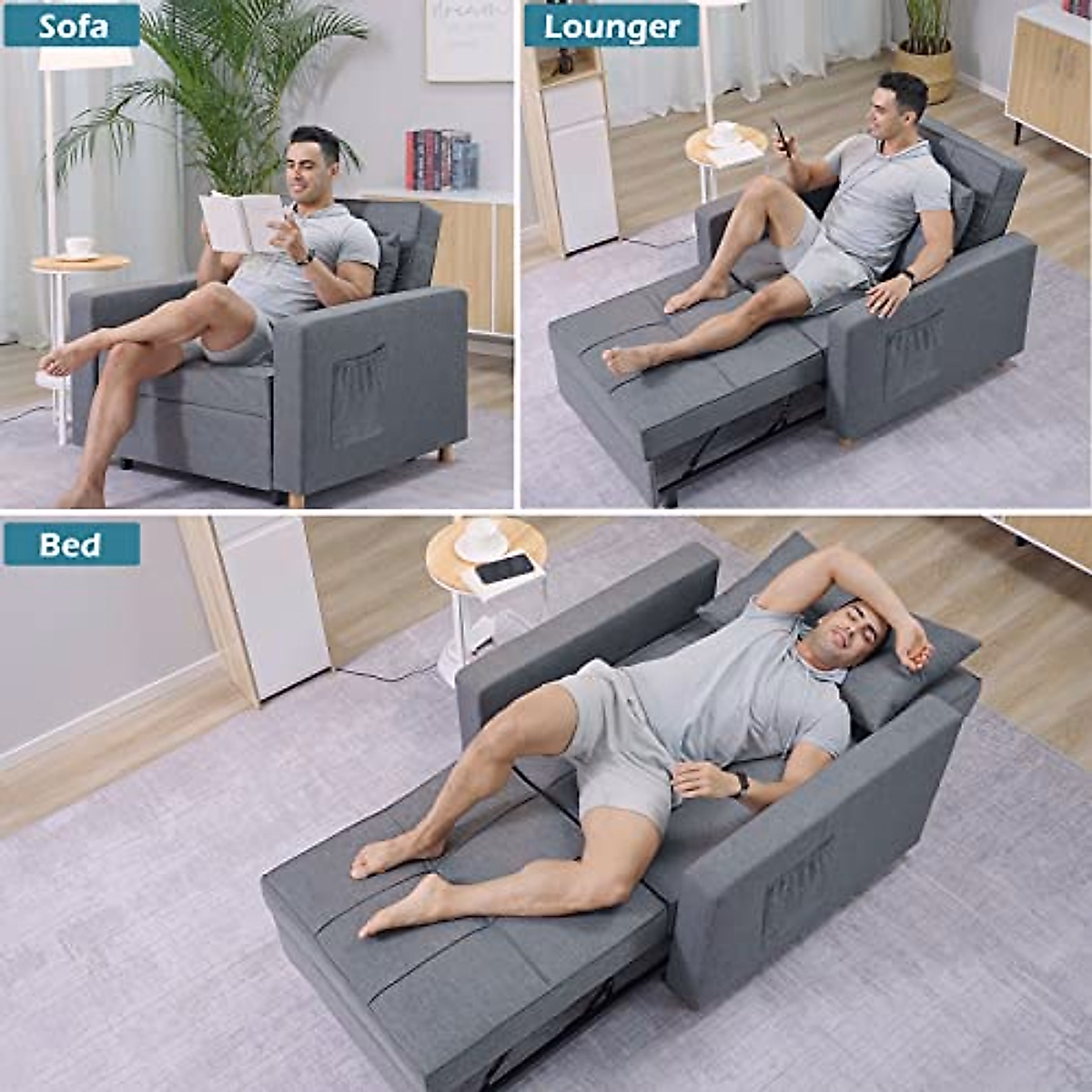 Esright 40 Inch Sleeper Chair Bed 3-in-1 Convertible Futon Chair Multi-Functional Sofa Bed Adjustable Reading Chair, Sofa, Bed, Sleeper Chair with Modern Linen Fabric, Drak Grey