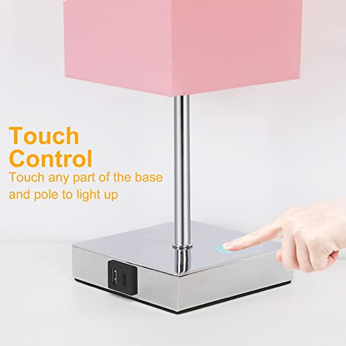 SEEDED-DESIGN Touch Control Table Lamp, Small Bedside Lamp with USB Port and Outlet, 3-Way Dimmable Nightstand Lamp for Bedroom, Living Room, LED Bulb Included (Square, Pink Blush)
