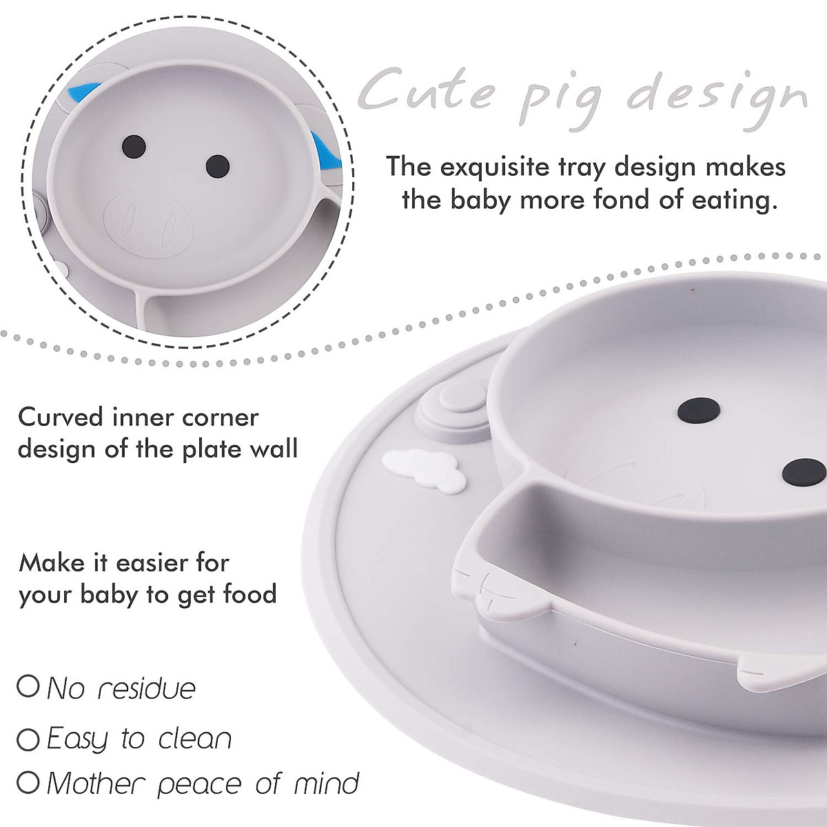 Qshare Toddler Plate, Portable Baby Plates for Toddlers and Kids, BPA-Free Strong Suction Plates for Toddlers, Dishwasher & Microwave Safe Silicone Placemat 9x6x1.4 inch Gray