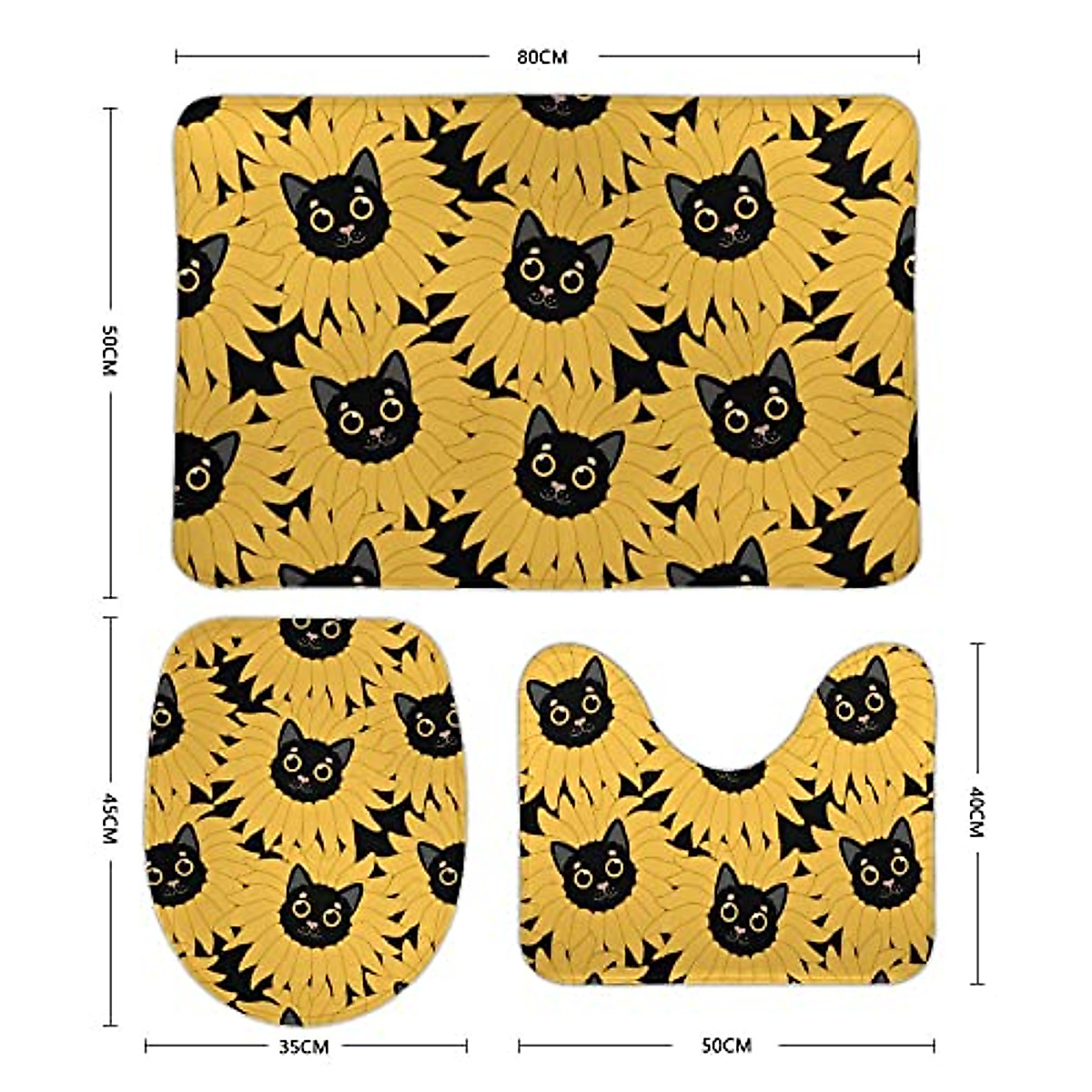 My Little Nest 3 Piece Bath Rugs Mat Set Sunflower Funny Black Cat Soft Foam Bath Mat Non Slip Bathroom Rugs Washable Contour Mat and Lid Cover