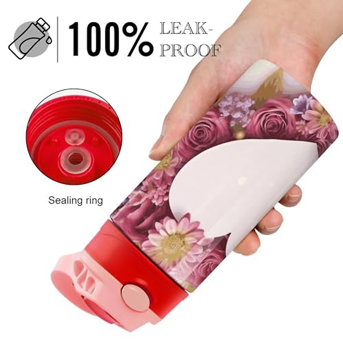 Stainless Steel Water Bottles Card Heart Shape Flowers Travel Water Cups with Handle And Silicone Straw Drinking Cup with Leak Proof Lid Thermo Travel Mug for Women Men