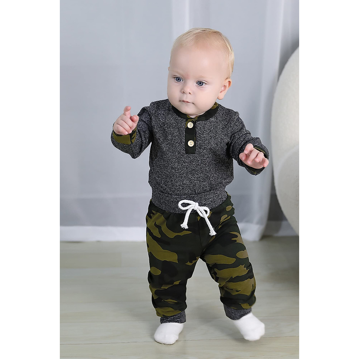 Newborn Baby Boy Fall Clothes Infant Plaid Long Sleeve Button Romper and Pants Set Winter Outfits 0-18 Months (Baby Camouflage Outfits, 3-6 Months)