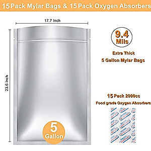 Ztalee 15 Pack 5 Gallon Mylar Bags (9.4 Mil) and 15x 2000cc Oxygen Absorbers, Vacuum Resealable Ziplock Mylar Aluminum Foil Bags, Oxygen Absorbers Packets for Long Term Food Storage
