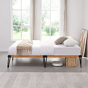 HW COMFORT 14 Inch Queen Solid Bamboo and Metal Platform Bed Frame/Bamboo Wood Slat Support/No Box Spring Needed/Easy Assembly, Natural & Black