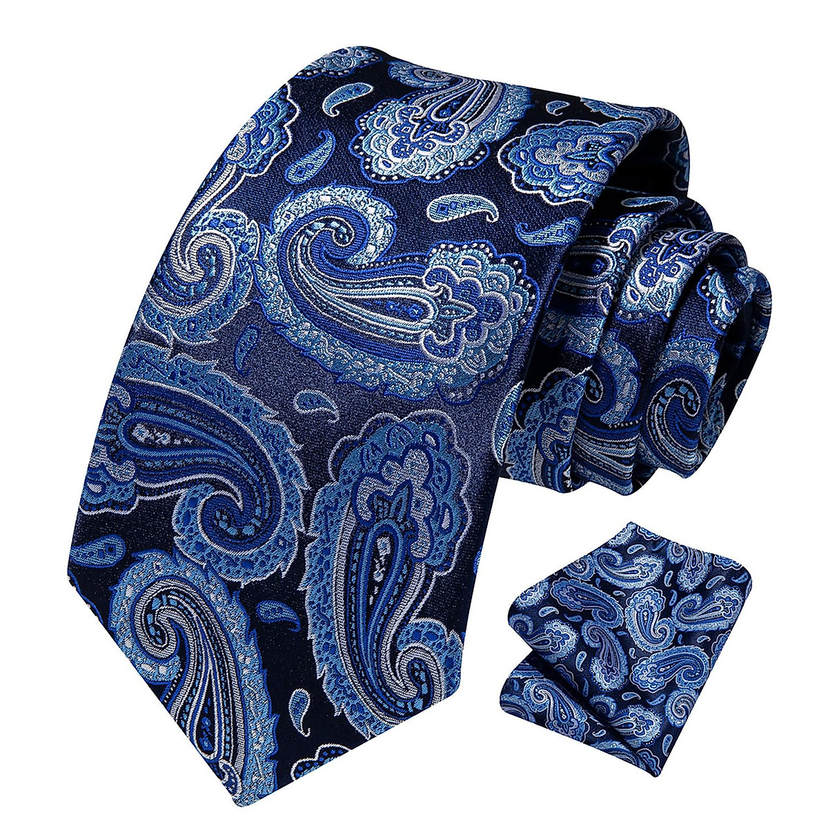 HISDERN Ties for Men Blue Paisley Ties for Men and Pocket Square Set Formal Navy Blue Mens Ties Handkerchiefs Satin Neckties for Wedding Party