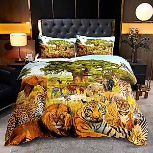 LUVIVIHOME 3PCS Kids Comforter Set Queen Size, Safari Animal Bedding for Boys Girls, Zoo Jungle Animal Tiger Lion Leopard Elephant Zebra Giraffe African Wildlife Wild Animal Bedroom Set, 2 Pillowcases