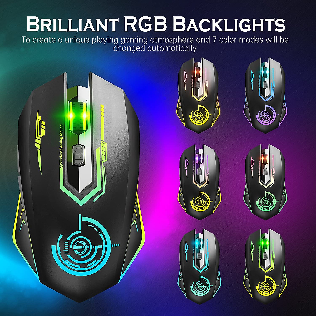 UHURU Wireless Gaming Mouse Up to 10000 DPI, Rechargeable USB Wireless Mouse with 6 Buttons 7 Changeable LED Color Ergonomic Programmable MMO RPG for PC Laptop, Compatible with Windows Mac