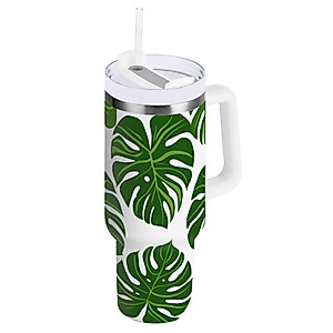 40 oz Green Monstera Leaf Insulated Tumbler with Handle, Stainless Steel Vacuum Water Bottles with Lid and Straw for Water, Iced Tea or Coffee