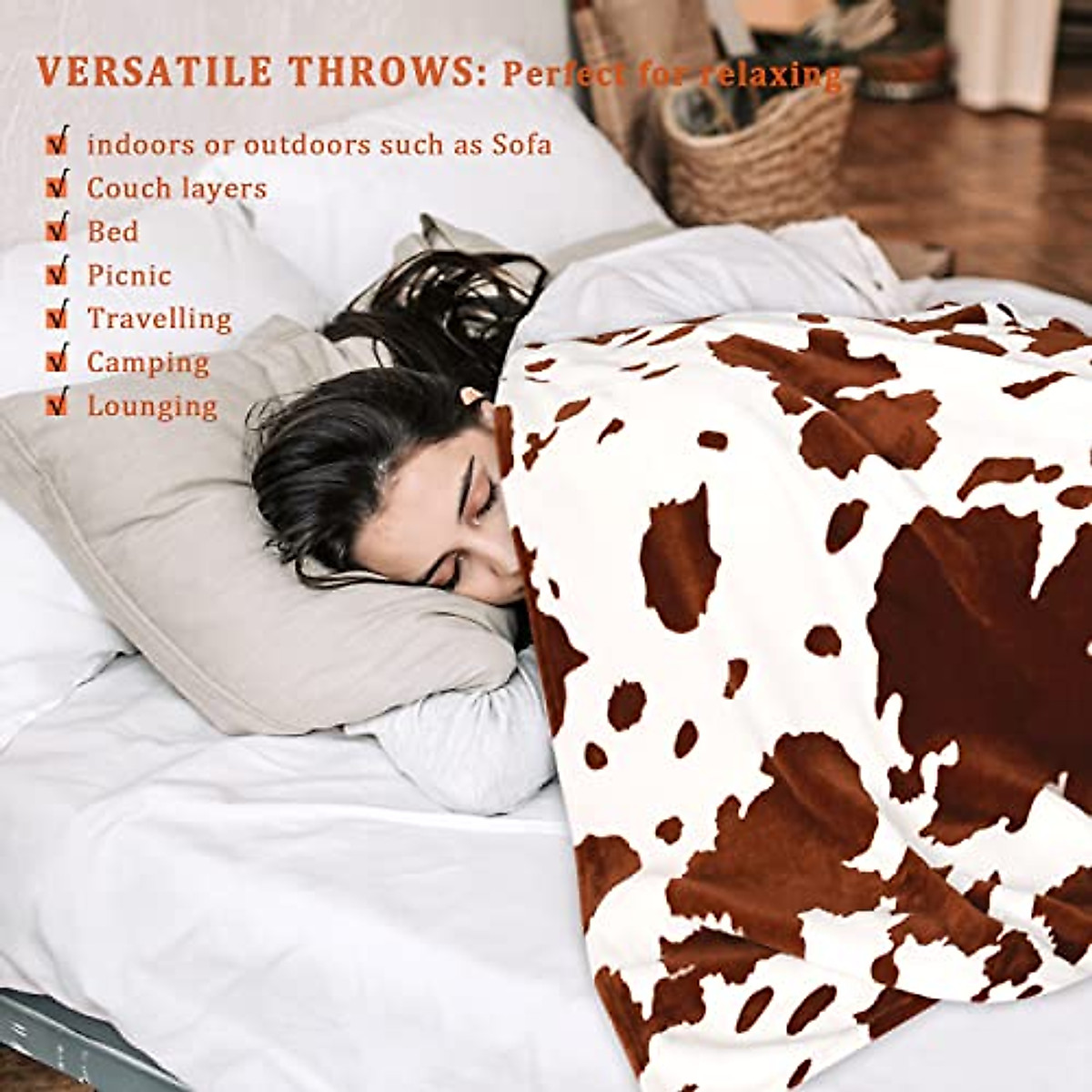 WISH TREE Cow Print Blanket Soft Fleece Throw Blankets with Brown Cow Print for Adults Bed, Couch, Sofa (Twin Size 60 * 80 Inches)