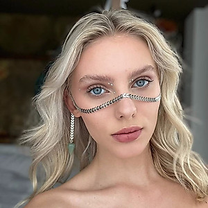 FMR Silver Fish Bone Face Chain Crystal Pendant Necklace Delicate Nose Accessories Face Jewelry for Women and Teens