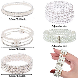 Beupy 9 Pcs Faux Pearl Bracelet 3-Row Pearl Stretch Bracelet Multilayer Pearl Elastic Bangle Vintage Wedding Bridal Bridesmaid White