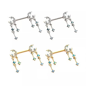 14GA 316L Stainless Steel Gemmed Crescent Moon and Star with Dangling Charms Nipple Barbells, Sold as a Pair (Gold Tone)