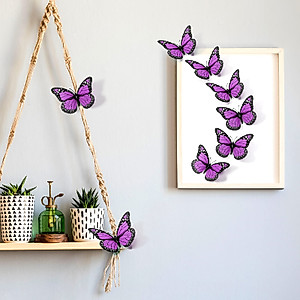 Monarch Butterfly Decorations Halloween Butterfly Wall Decor 4.7 inch Orange Artificial Fake Butterflies for Crafts 3D Magnet for Home Wall Wedding Bedroom (Purple, 24 Pieces)