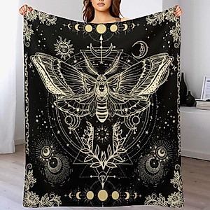 Abstract Moth Florals Flannel Blanket Abstract Gothic Magic Moon Stars Flower Aesthetic Throw Blanket for Kids Girls Teens Bedroom Decor Abstract Magic Florals for Bed Sofa Couch Travel Gift W40"xL50"