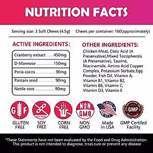 Cranberry Bladder Health for Dogs - Dog Antioxidant- 160 Cranberry Soft Chew Supplements for a Healthy Urinary Tract and Bladder Control – Made with Cranberry & D-Mannose & Vitamins (Chicken Flavor)