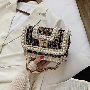 Aitian Designer Tweed Pearl Chain Purse - Fashion Crossbody Bags for Women and Shoulder Purses and Handbags Quilted Leather Designer Bags for Women Crossbody Bag with Chain