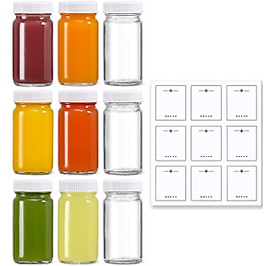 9 Pack 2 oz Glass Shot Bottles w/ White Lids & 9 Labels - Small Clear Jar for Ginger, Wellness Shot, Juice, Sample, Whiskey - Travel Essentials Mini Bottles - Wide Mouth, Leakproof, Dishwasher Safe