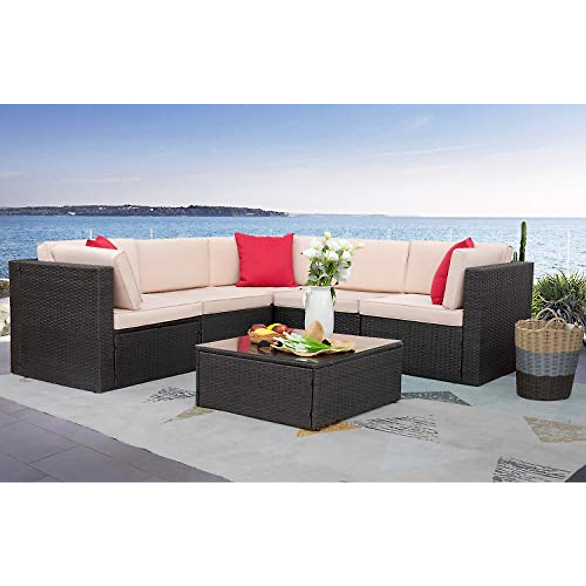 Homall 6 Pieces Furniture Outdoor Sectional Sofa All Weather PE Rattan Patio Conversation Set Manual Wicker Couch with Cushions and Glass Table, Beige