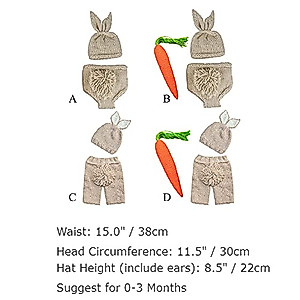 ODASDO Newborn Photography Outfits Baby Boy Girl Easter Bunny Costume Photo Props Handmade Crochet Knit Rabbit Ear Hat Cap Beanie Pom Pom Diaper Cover Pants Carrot 3pcs Set Khaki + Carrot
