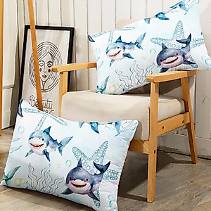 AILONEN Shark Fitted Sheet Set Twin Size, Ocean Shark Bed Sheet Set for Boys Kids,Blue Starfish Shark Fitted Sheet with 2 Pillowcases,3 Pieces Bed Sheet Set