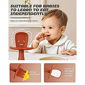 4 Pcs Baby Spoons Self Feeding 6 Months, Silicone Baby Spoons First Stage, Toddler Utensils for Baby Led Weaning with 2 Cases (Caramel, Tumeric)