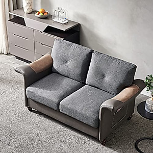 CALABASH Linen Fabric Leather 2 Seater Sofa Couch for Bedroom, 61" Modern Upholstered Tufted loveseat Sofa with Curved Armrest & Removable Storage Boxes for Living Room Office(Dark Grey)