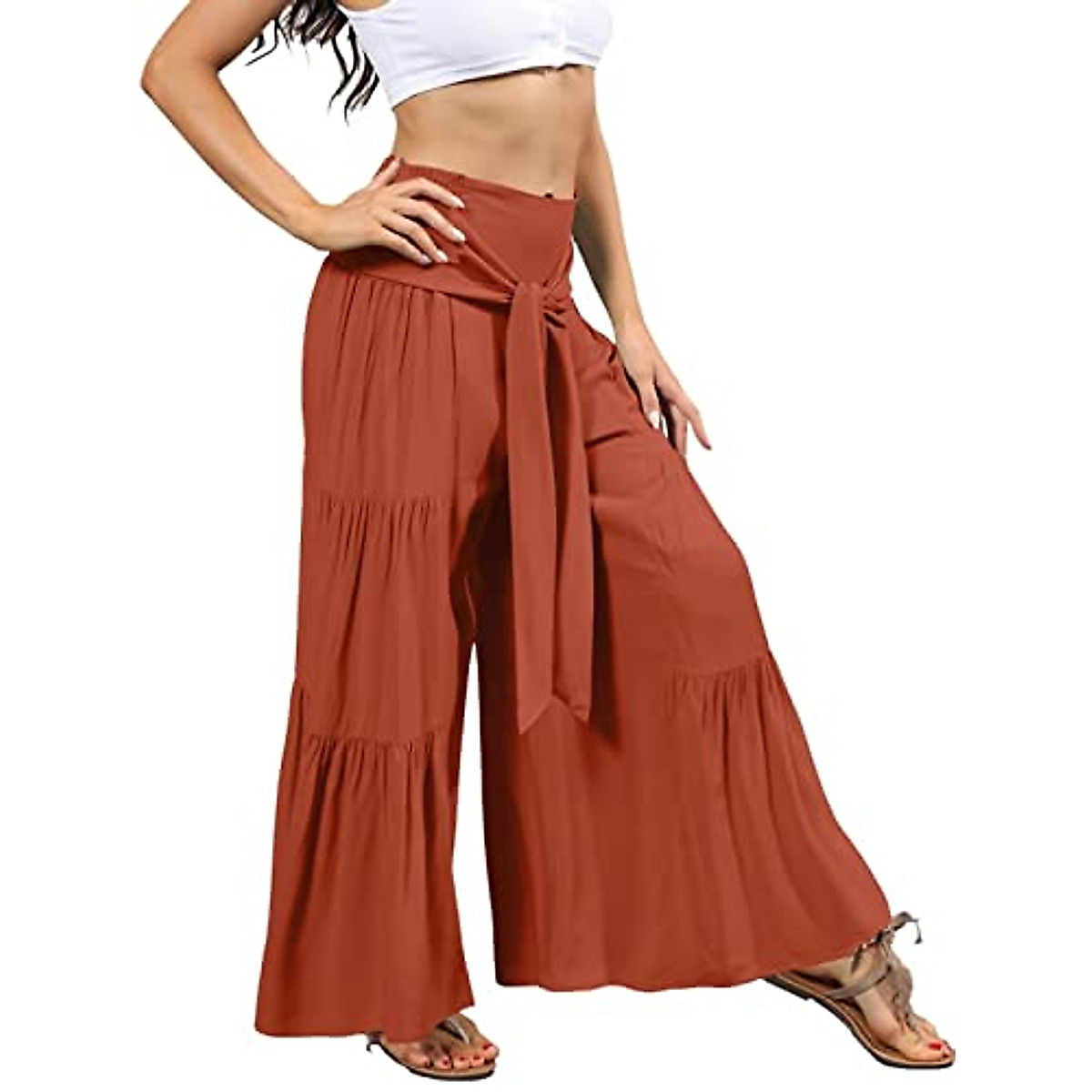 JURIS Women's Tiered Flowy Palazzo Pants Elastic High Waisted Tie Knot Loose Wide Leg Pants XL Brick Red